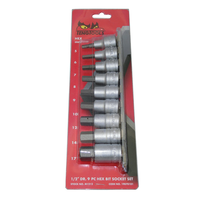 Teng Tools 9 Piece 1/2 inch Drive Metric In-Hex Bit Socket Set Clip Ra ...